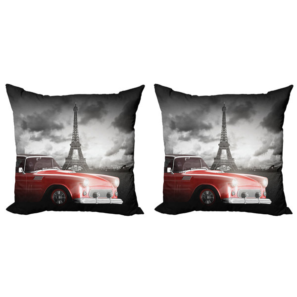East Urban Home Dekokissen Kissenbezug, Oldtimer und Eiffel, Paris, Grau Rot | Wayfair.de